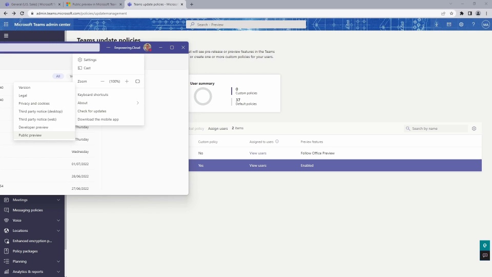 Teams update policies and Microsoft Teams Public Preview